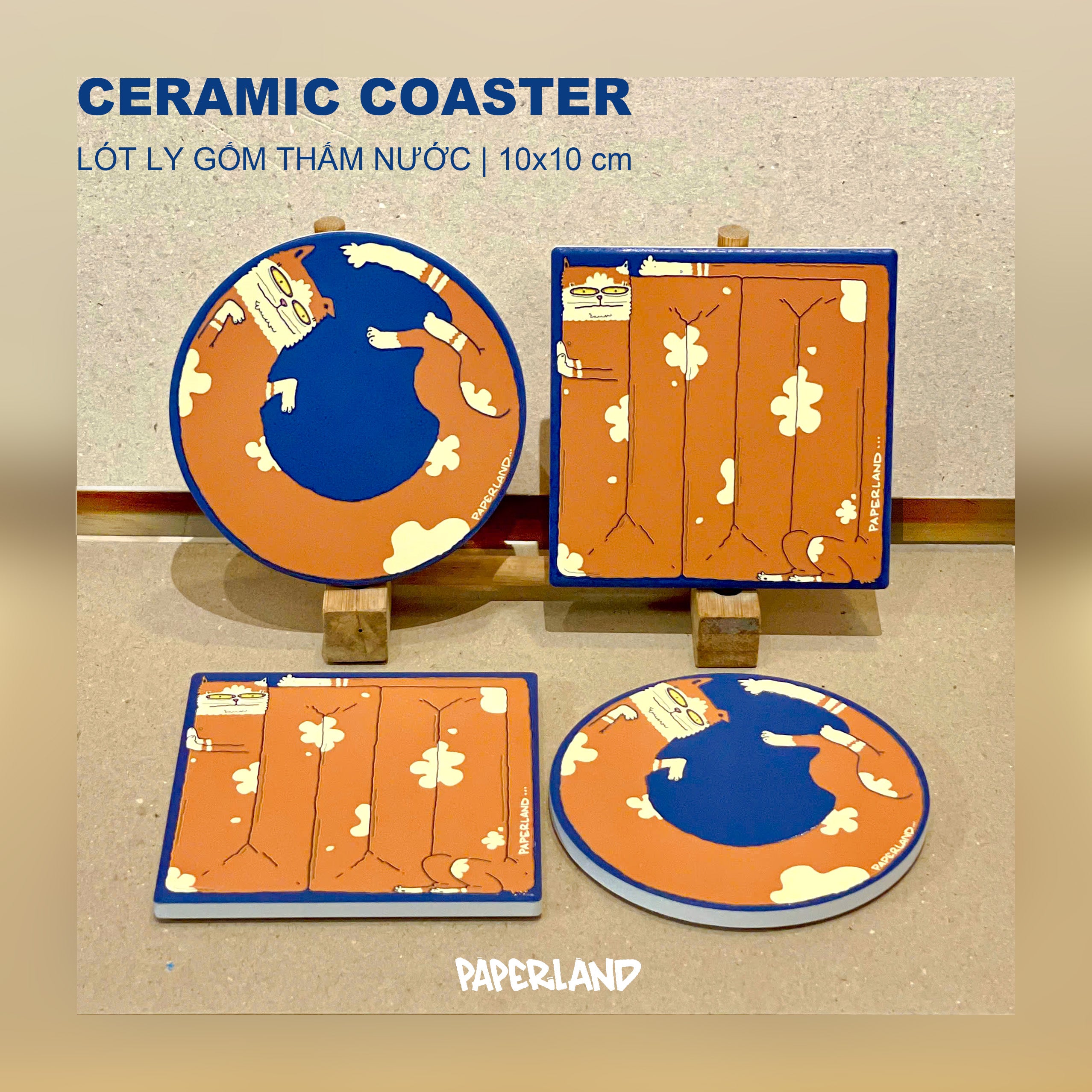 LÓT LY GỐM "CHÚ MÈO LƯỜI" - CERAMIC COASTER – Paperland Sai Gon